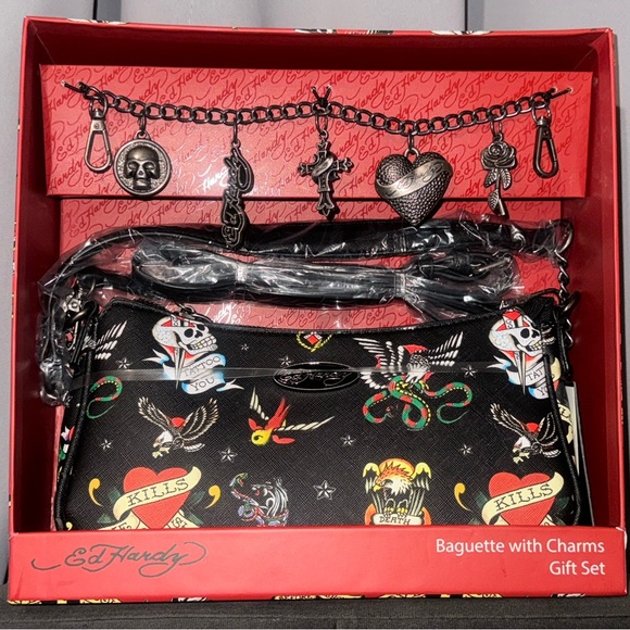 Ed Hardy | Bags | Ed Hardy Black Baguette And Charms Gift Set | Poshmark